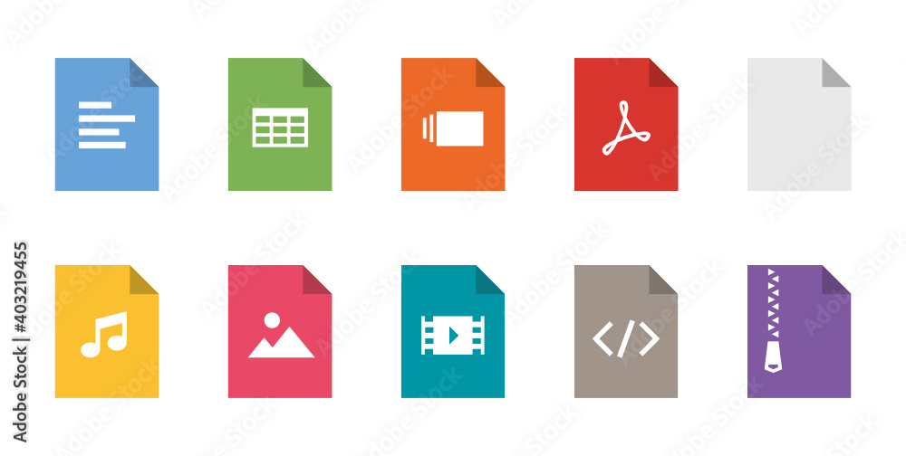 File types flat icon set. Vector file format pictograms pack. Stock ...
