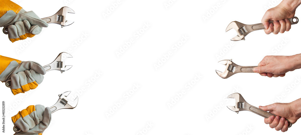 wrench in hand. set of tools. metal tool in a fist. device in the palm ...