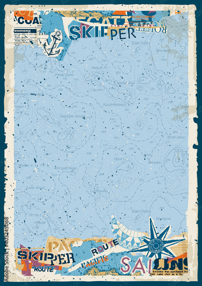 Vintage sailing elements collage poster with nautical chart background ...