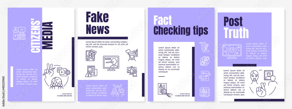 Citizen media purple brochure template. Online information consumption ...