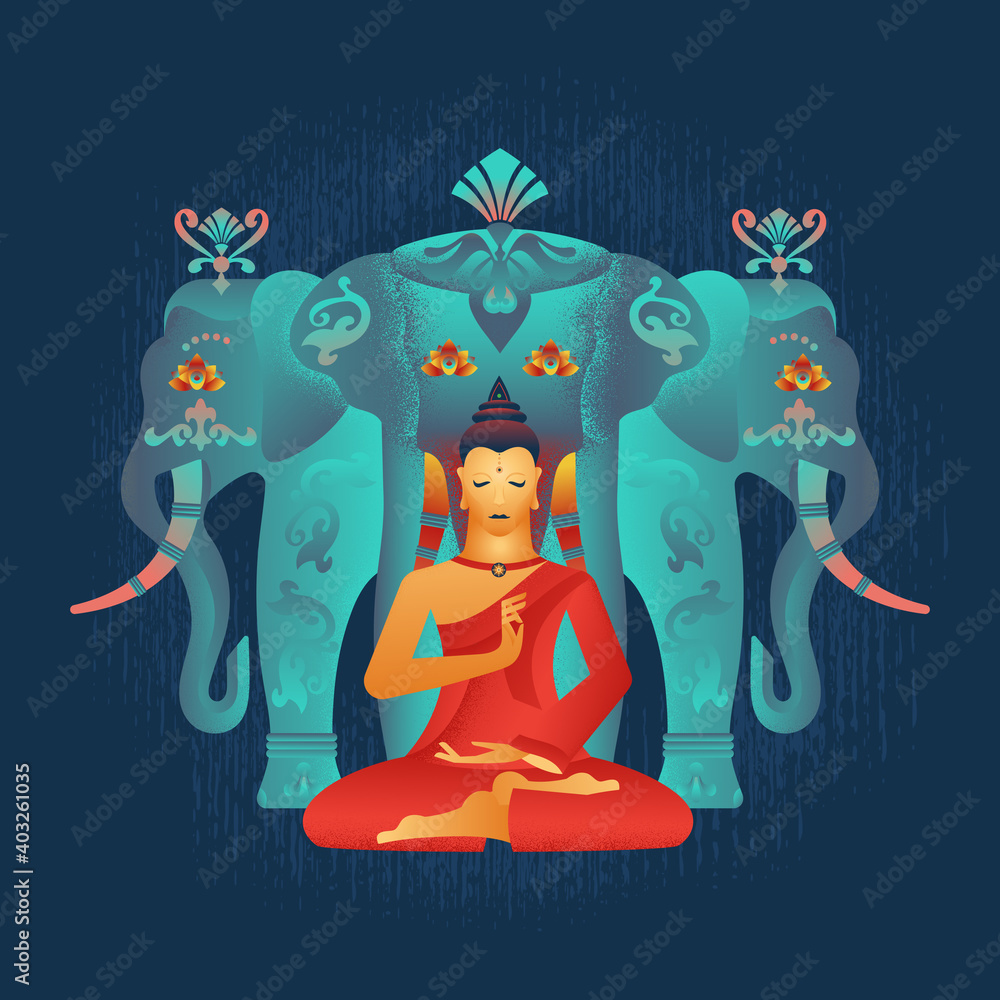 Meditating Buddha, with a medallion in the form of a wheel of samsara ...