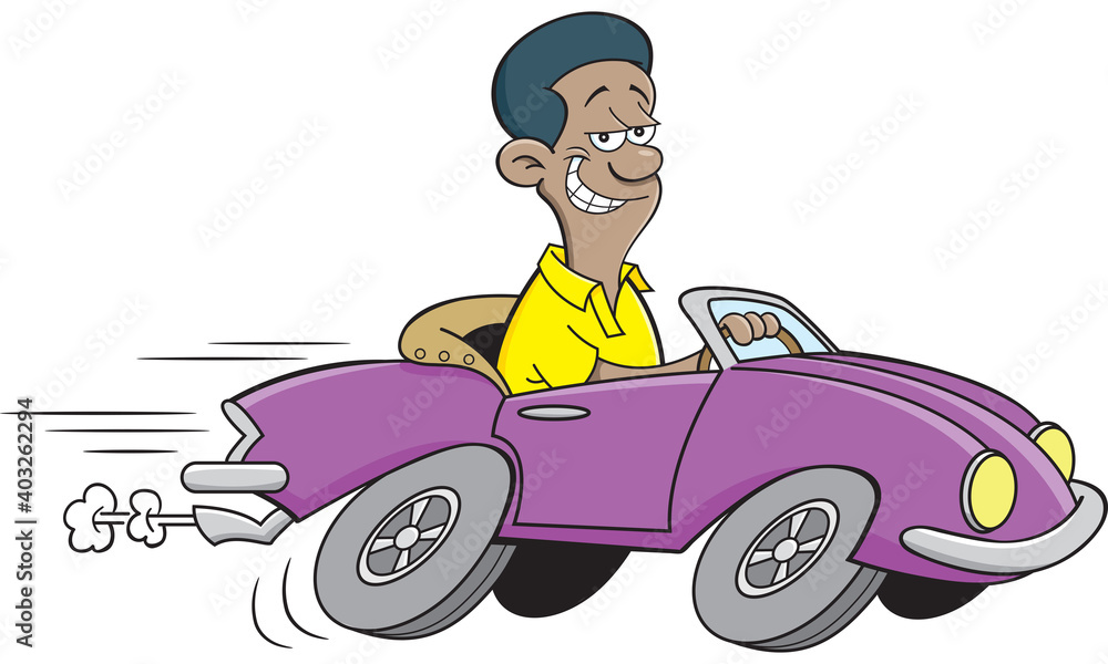 Cartoon illustration of a smiling African American driving a sports car ...