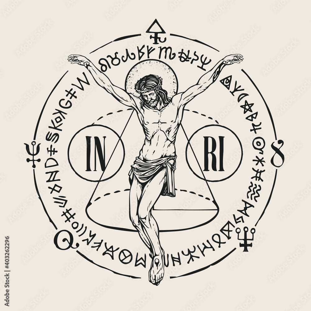 Hand-drawn crucifix of Jesus Christ with alchemical and Masonic symbols ...