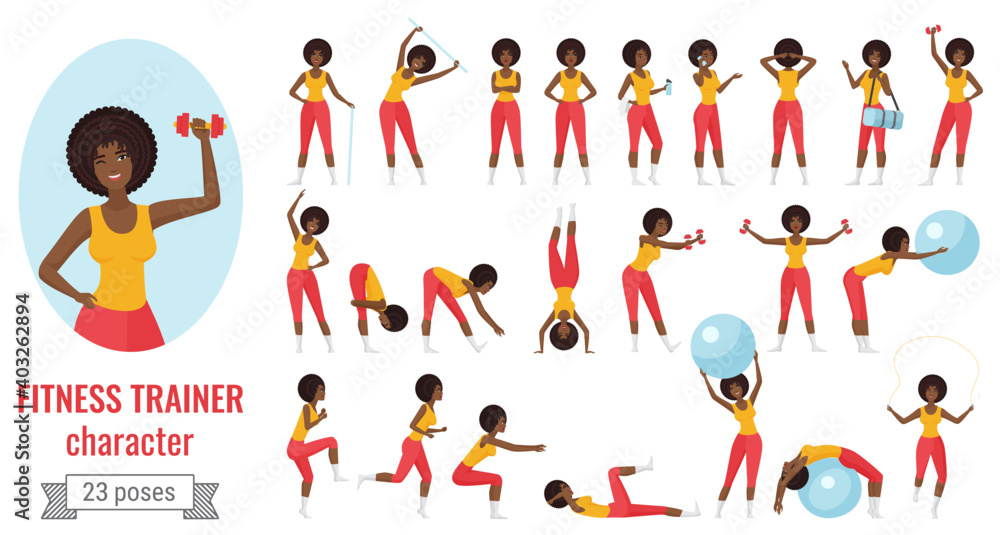 Fitness sport trainer girl poses vector illustration set. Cartoon young ...