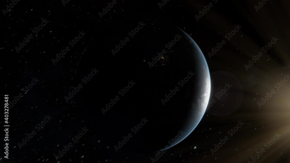 Dynamic flying around the Earth. Dark side of the Earth opposite the ...