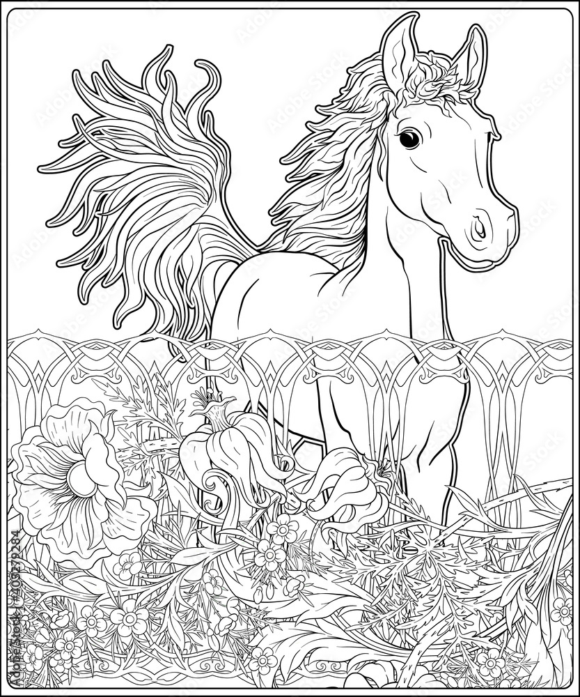 Horse and Flowers. Outline vector illustration. Coloring page for the ...