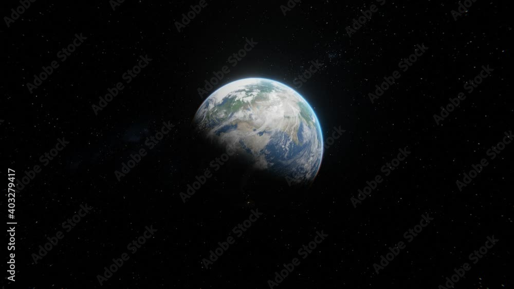 Flying to the Earth trough the space view. Tracking in Earth planet ...