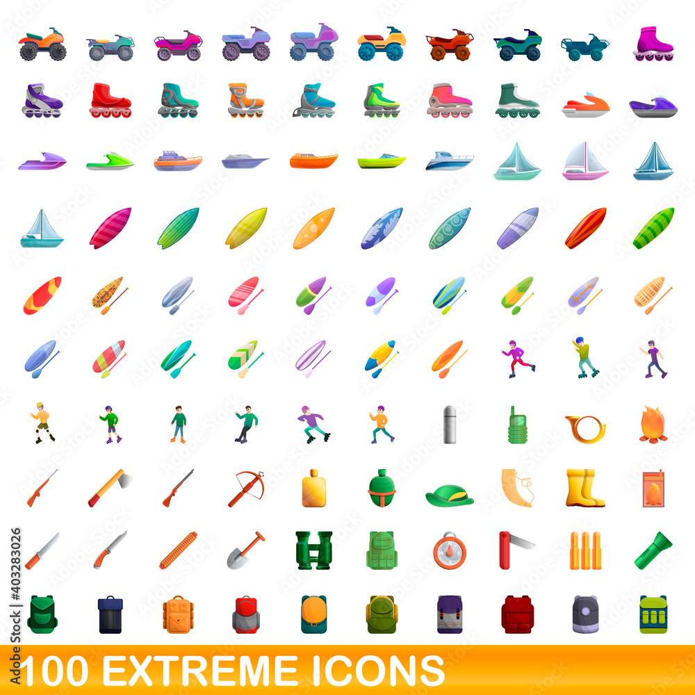 100 extreme icons set. Cartoon illustration of 100 extreme icons vector ...