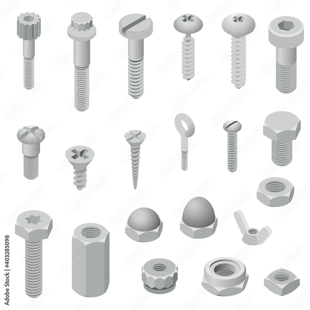 Screw-bolt icons set. Isometric set of screw-bolt vector icons for web design isolated on white ...
