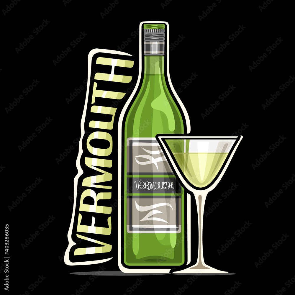 Vector logo for Vermouth, illustration of green classic bottle with ...
