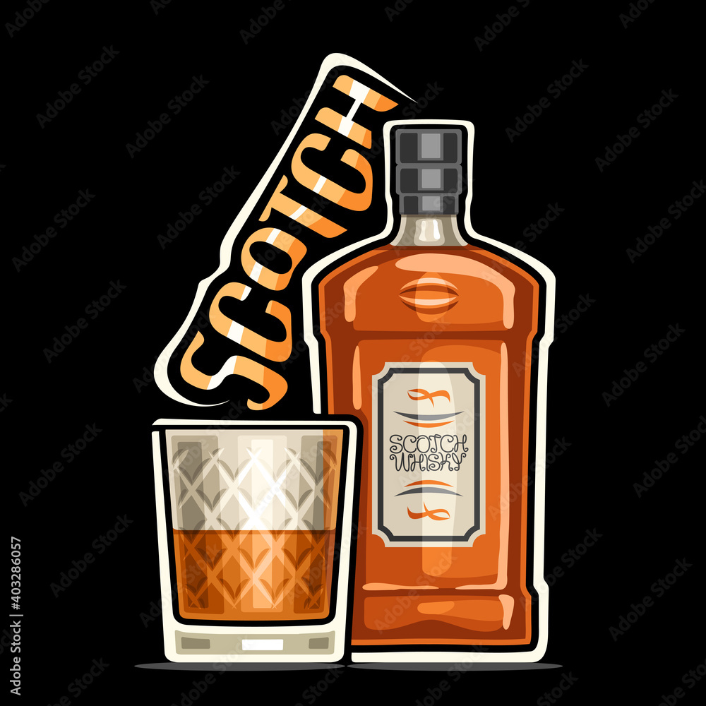 Vector logo for Scotch, illustration of brown classic bottle with ...