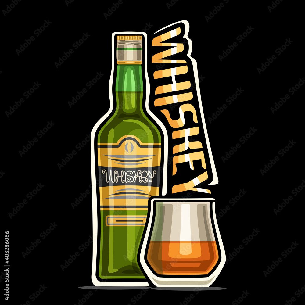 Vector logo for Whiskey, outline illustration of green bottle with ...
