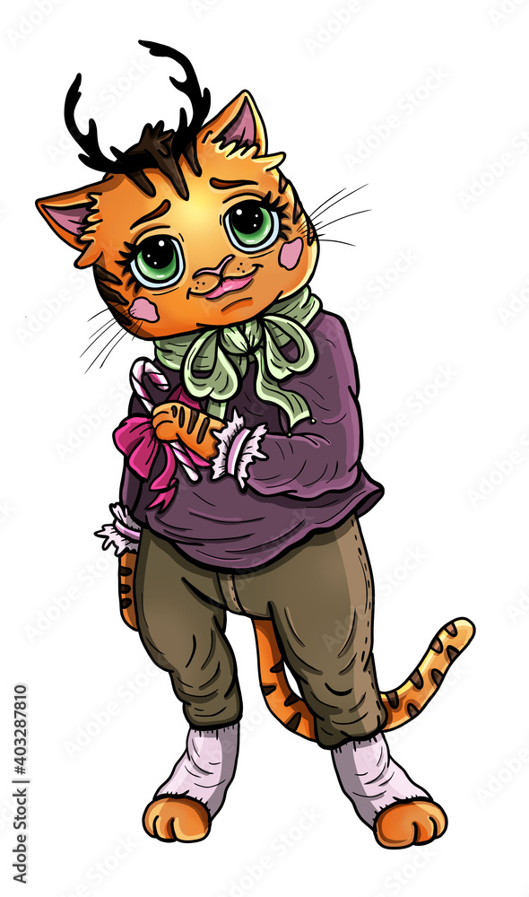 Cartoon character, cute tiger with big eyes, small horns and ears, with ...