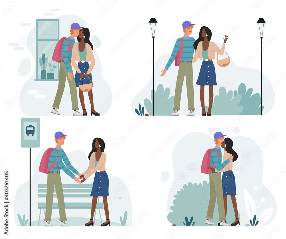 Happy romantic couple walking together on date vector illustration set ...
