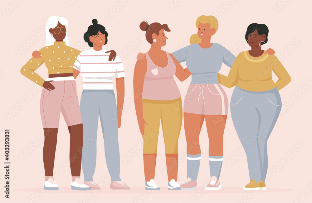 Women standing together vector illustration. Cartoon happy young woman ...