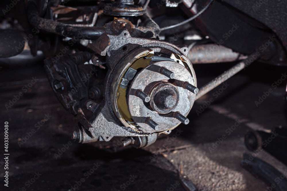 repair of a parking brake, replacement of brake pads on discs. Stock ...