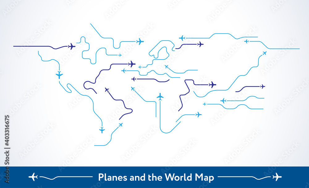 Abstract background - Airplanes fly over the world map - Planes routes ...