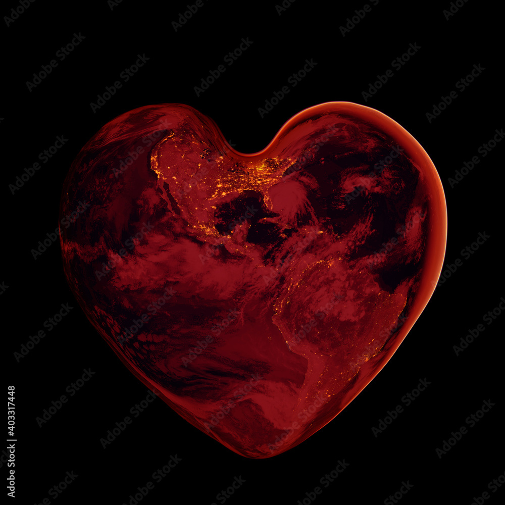 Planet Earth is red in the shape of a heart on a dark background of ...