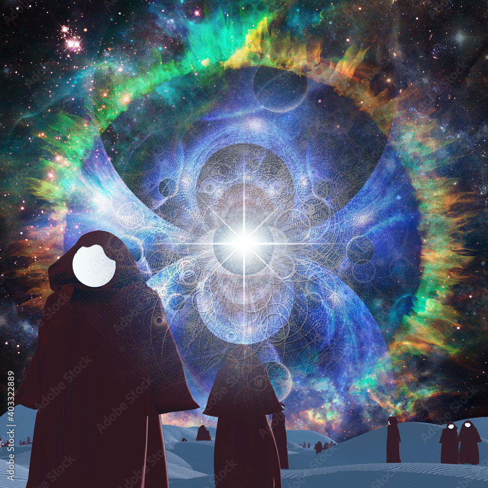 Faceless monks and eye of God Stock Illustration | Adobe Stock