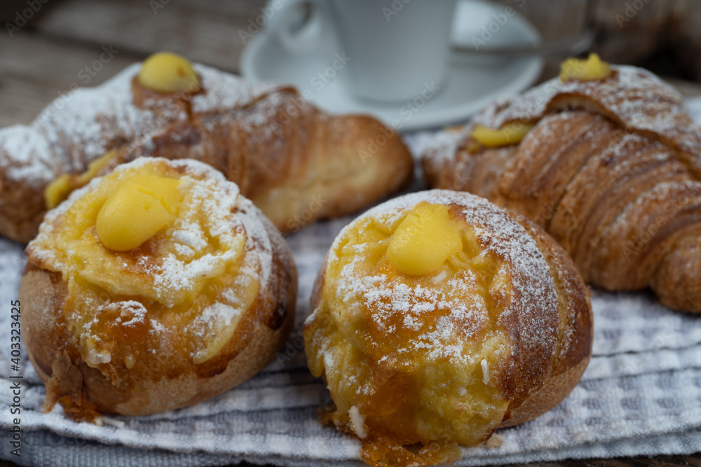 Italian coffee cornetto (croissant) and pastries breakfast lunch caffe ...