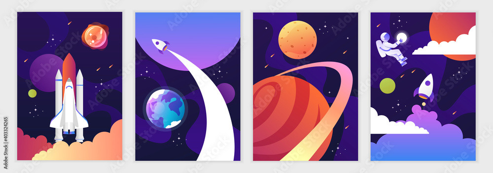 Space shuttle and universe. Colorful planets, rocket, galaxy and ...