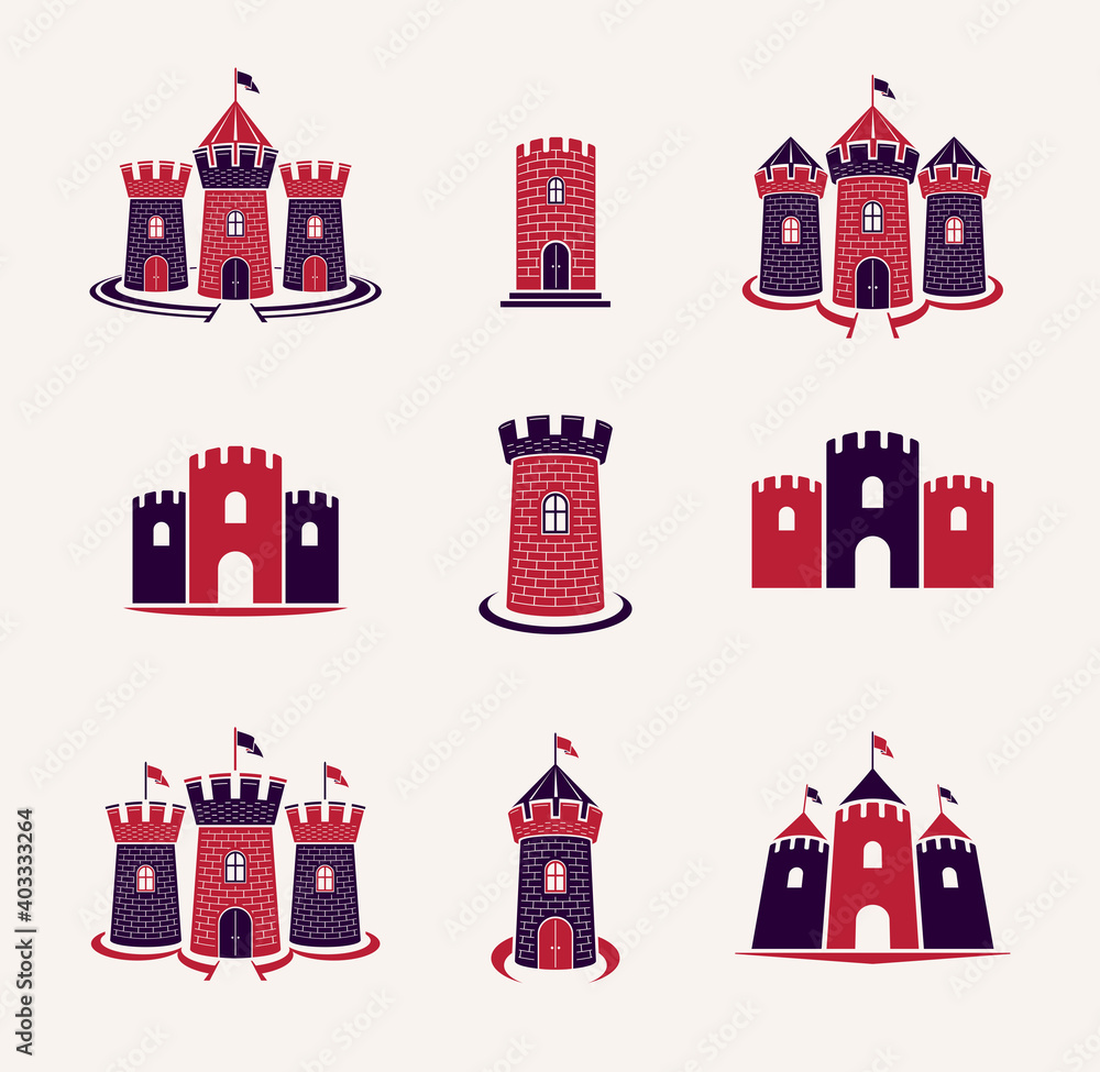 Poster Fortresses emblems vector emblems big set, castles heraldic ...