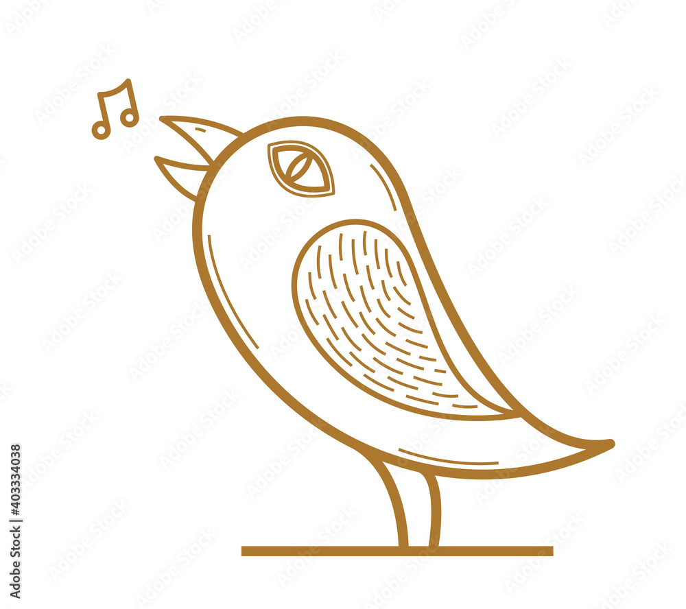 Small cute bird singing birdsong linear vector illustration isolated on ...