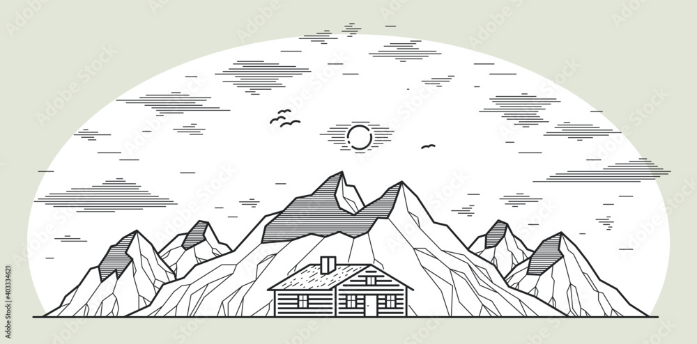 Cabin in mountains linear vector nature illustration isolated on white ...