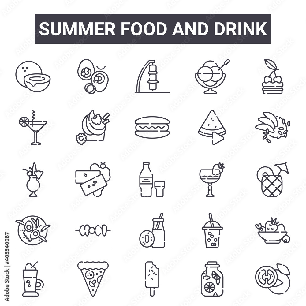 summer food and drink outline icon set. includes thin line icons such ...