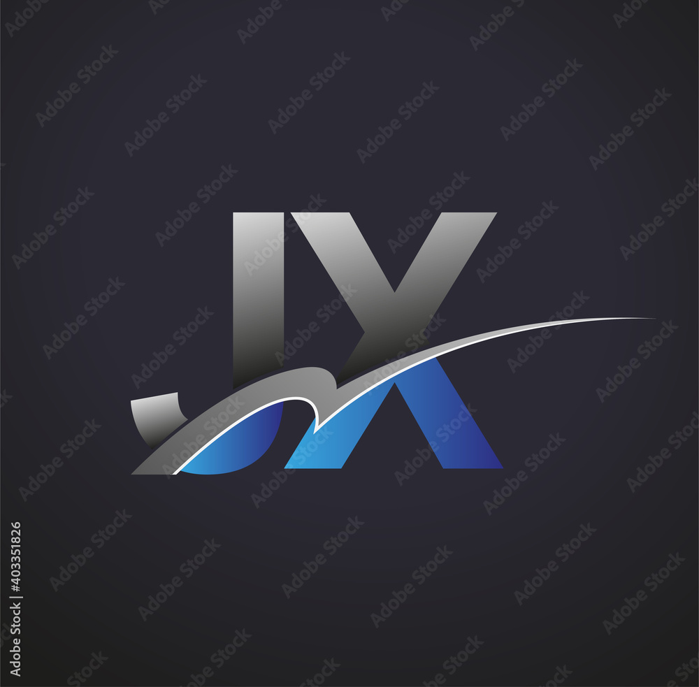initial letter JX logotype company name colored blue and grey swoosh ...