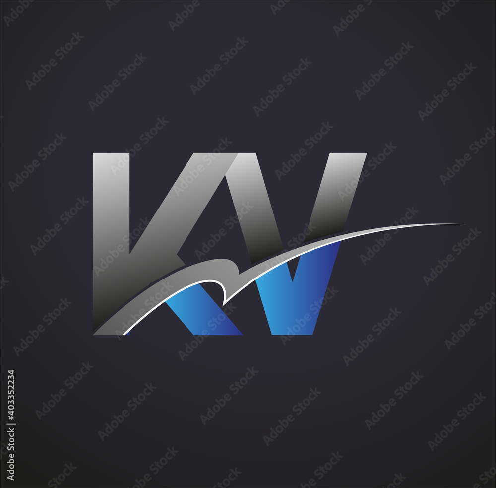 initial letter KV logotype company name colored blue and grey swoosh ...