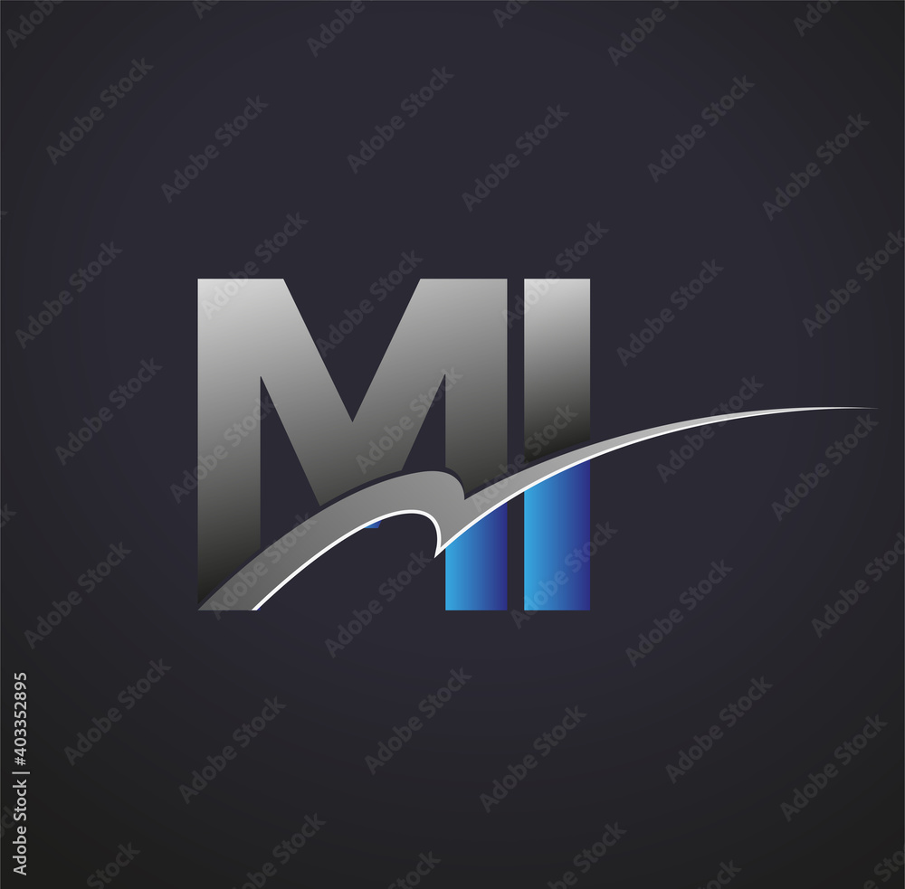 initial letter MI logotype company name colored blue and grey swoosh ...
