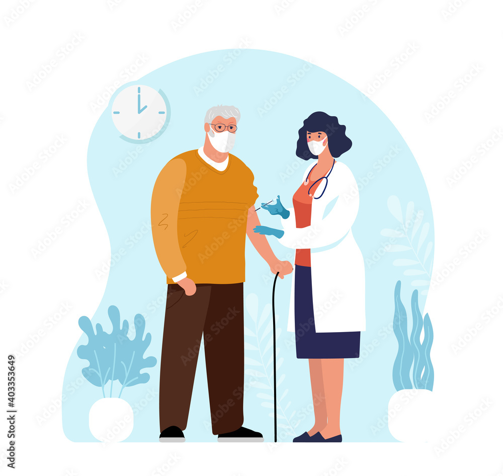 An old man makes a vaccination in a clinic, a doctor with a syringe ...