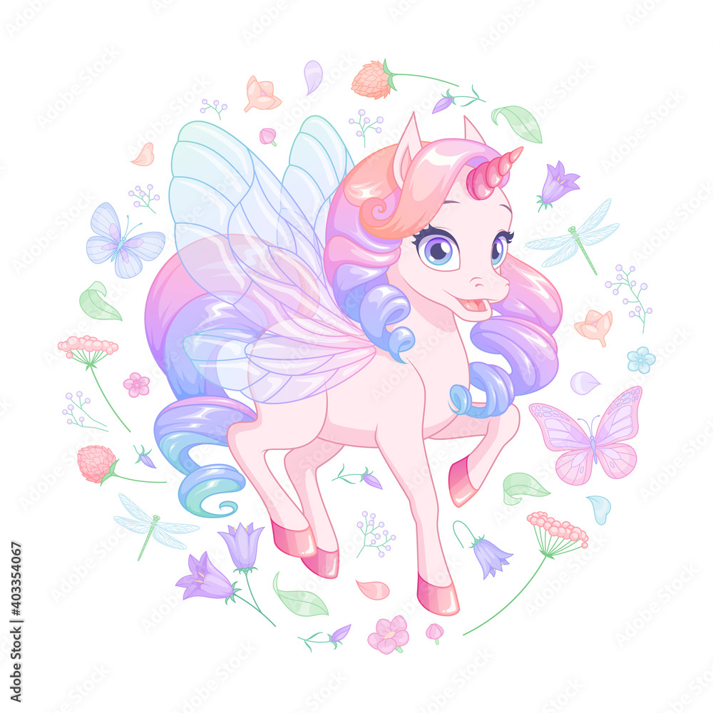 Cute baby unicorn with fairy wings surrounded with flowers and ...
