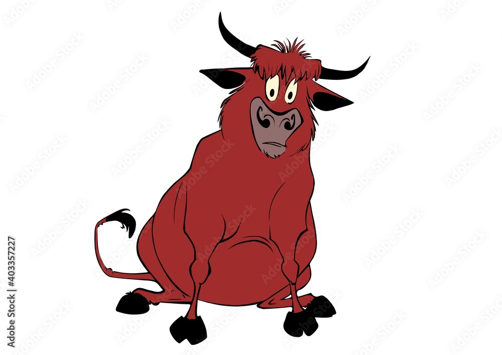 Bull sitting cartoon illustration drawing with color 2D Stock ...