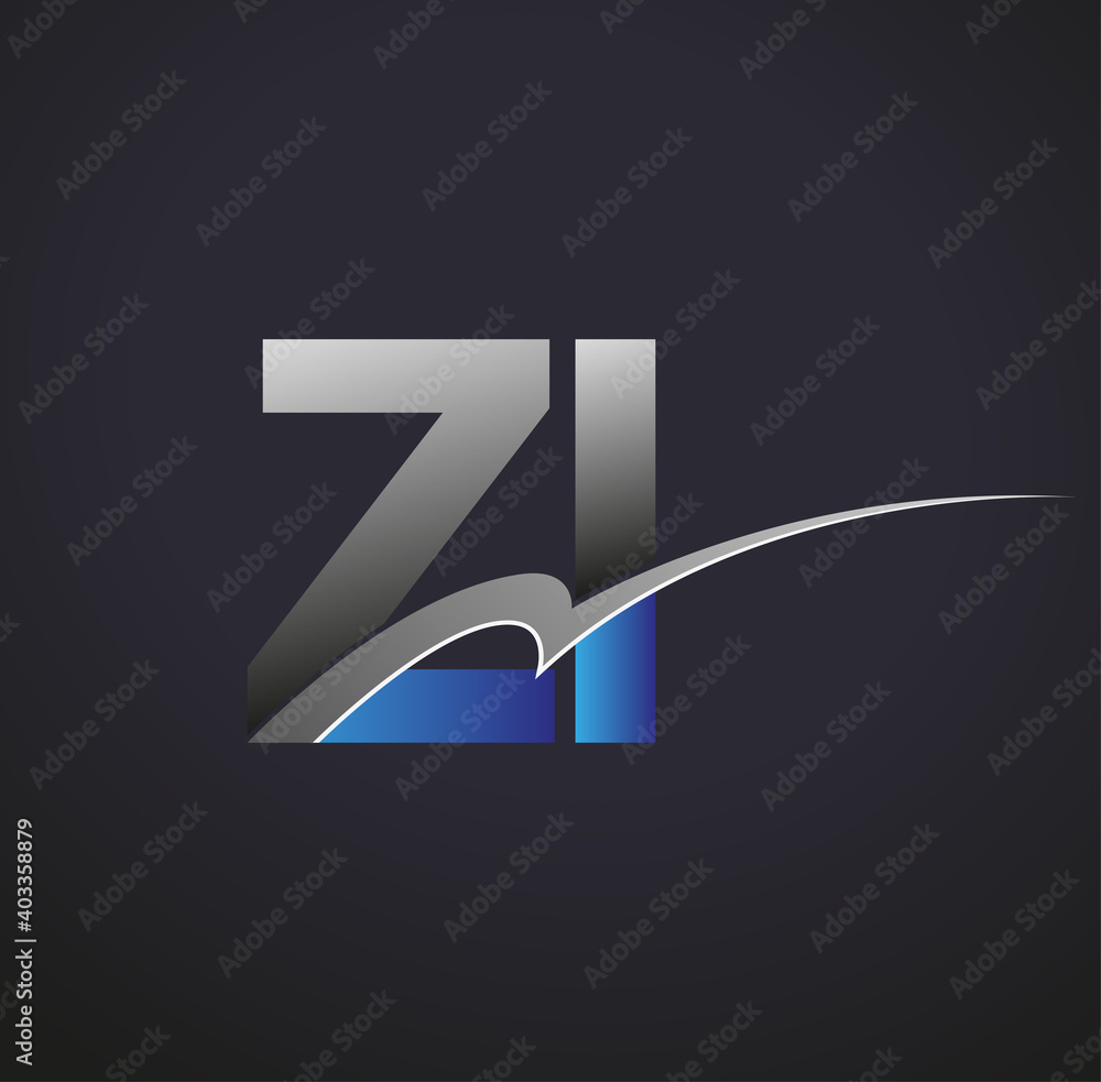 initial letter ZI logotype company name colored blue and grey swoosh ...