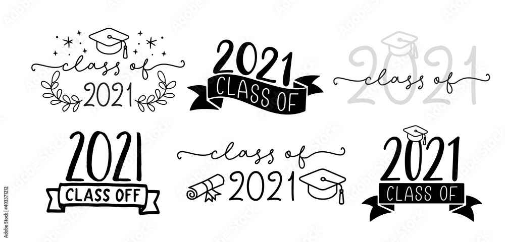 Vetor de CLASS OF 2021 set of graduation logo with cap and diploma for ...