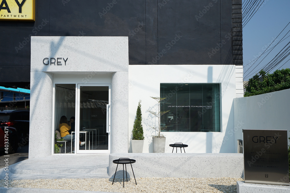 Exterior front facade design and architecture at coffee shop and bakery ...