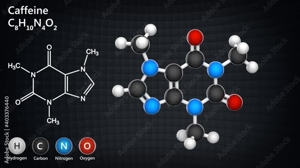 Molecular structure of Caffeine, stimulant present in coffee. C8H10N4O2 ...