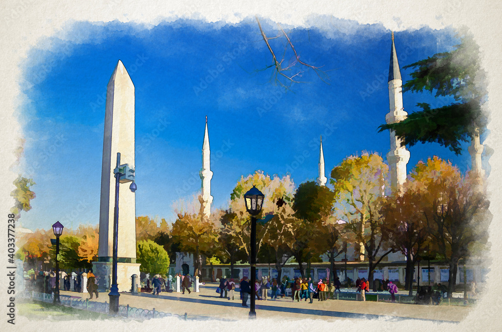 Watercolor drawing of Istanbul: Sultan Ahmed Mosque Blue Mosque with ...