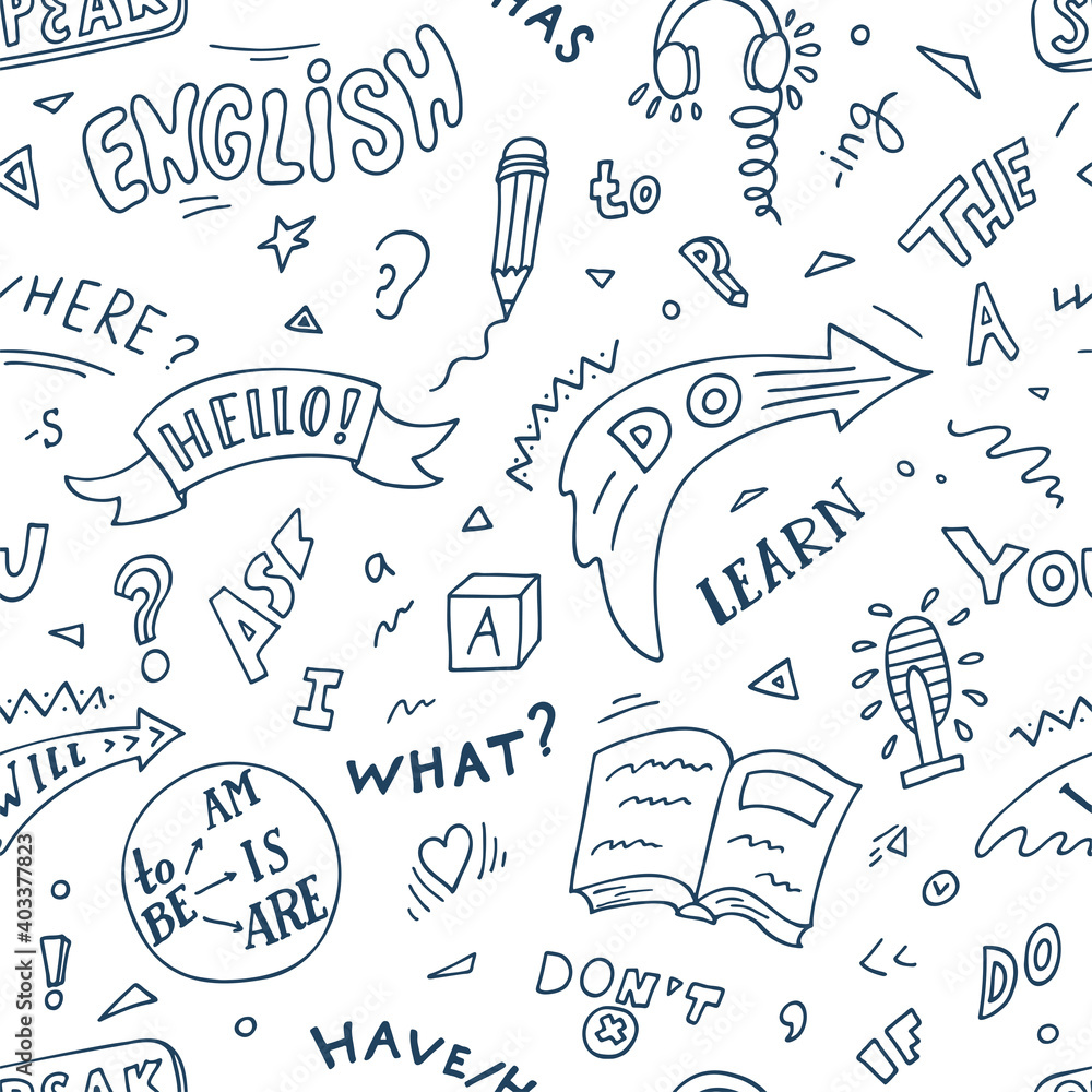 English. Language hand drawn pen doodles and lettering in form of talk ...