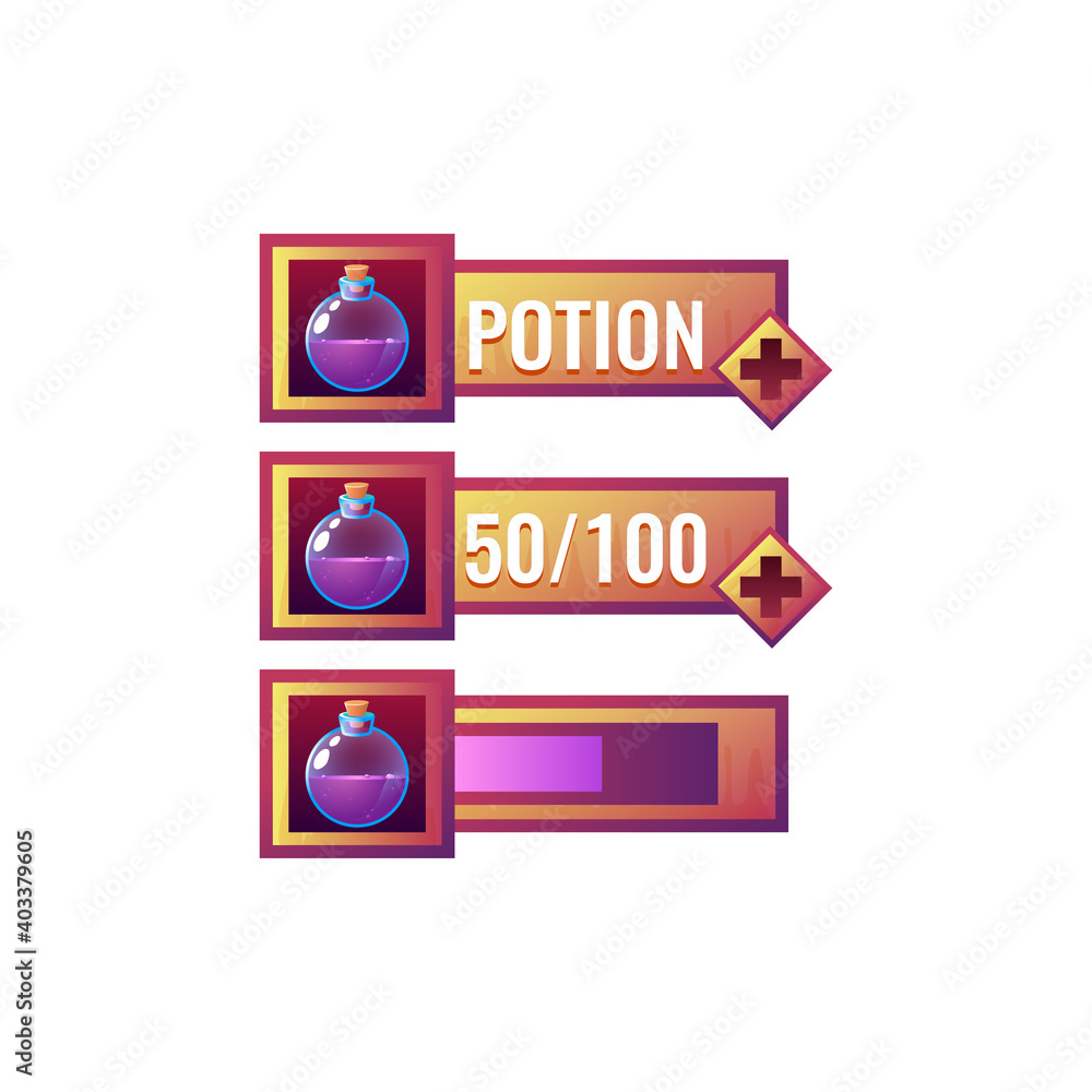 set of funny old wooden game ui potion magic mana bar with numeric and ...
