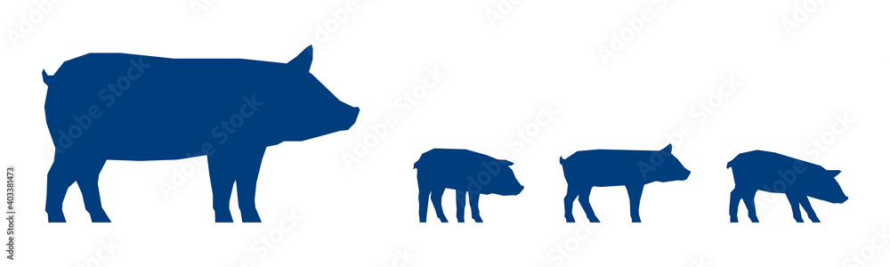 Low poly sow with piglets on white background. Blue silhouettes. Vector ...