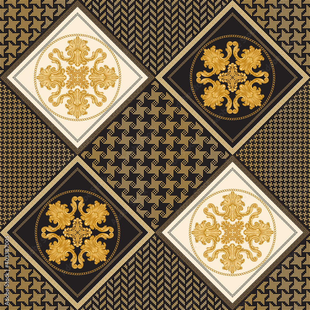 Rhombus and squares seamless pattern from Greek meander border, golden ...