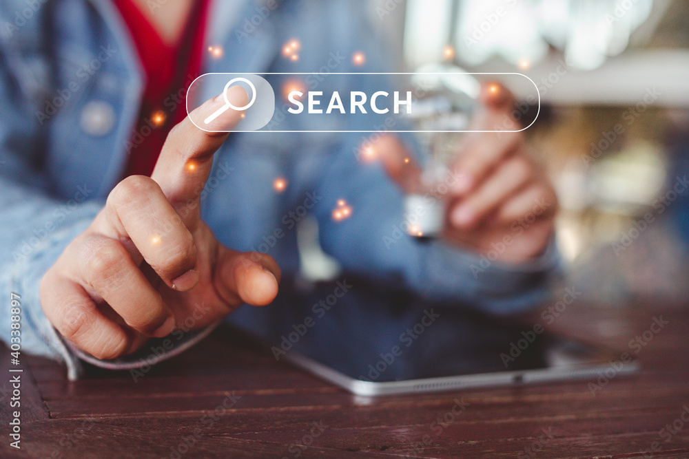 Young women researching data with search icons It is a new way of ...