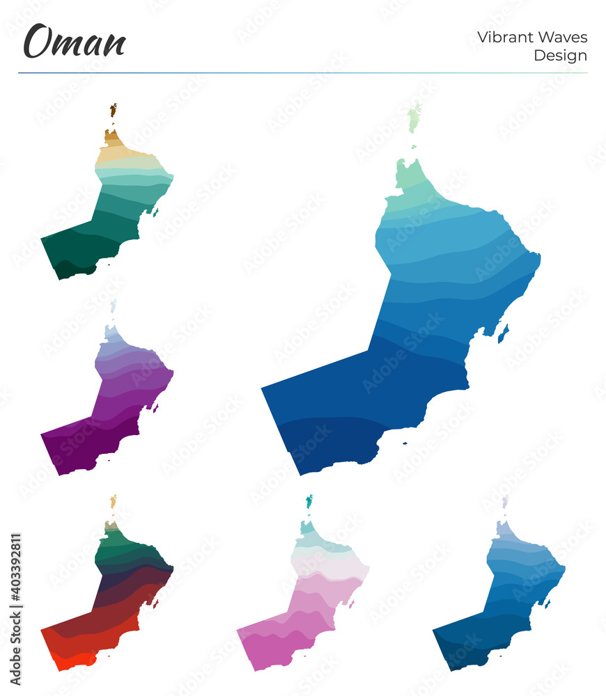 Set of vector maps of Oman. Vibrant waves design. Bright map of country ...