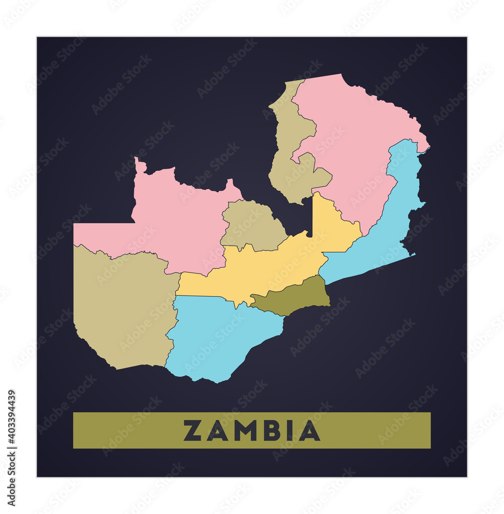 Zambia map. Country poster with regions. Shape of Zambia with country ...