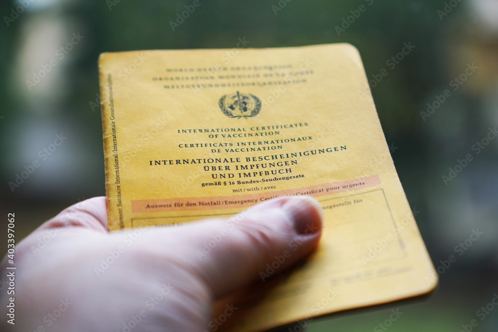 Hand hält Impfbuch oder International certificate of vaccination Stock ...