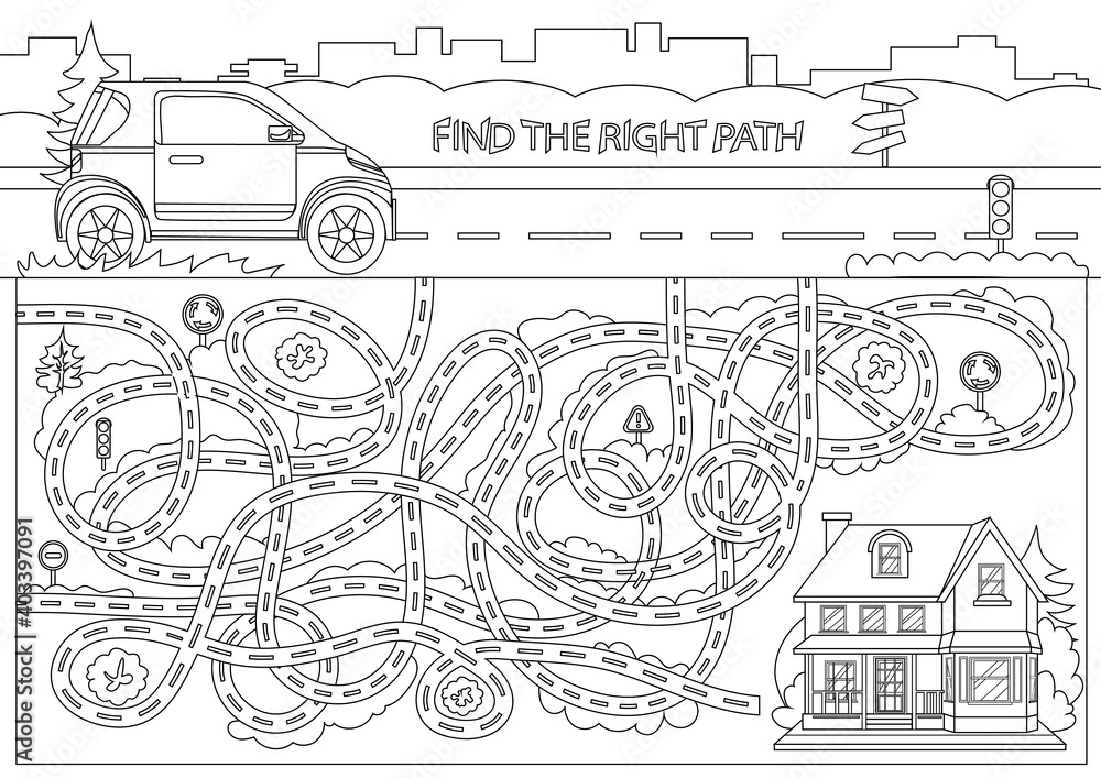 Children maze. Find the right path from cartoon car to house. Coloring ...