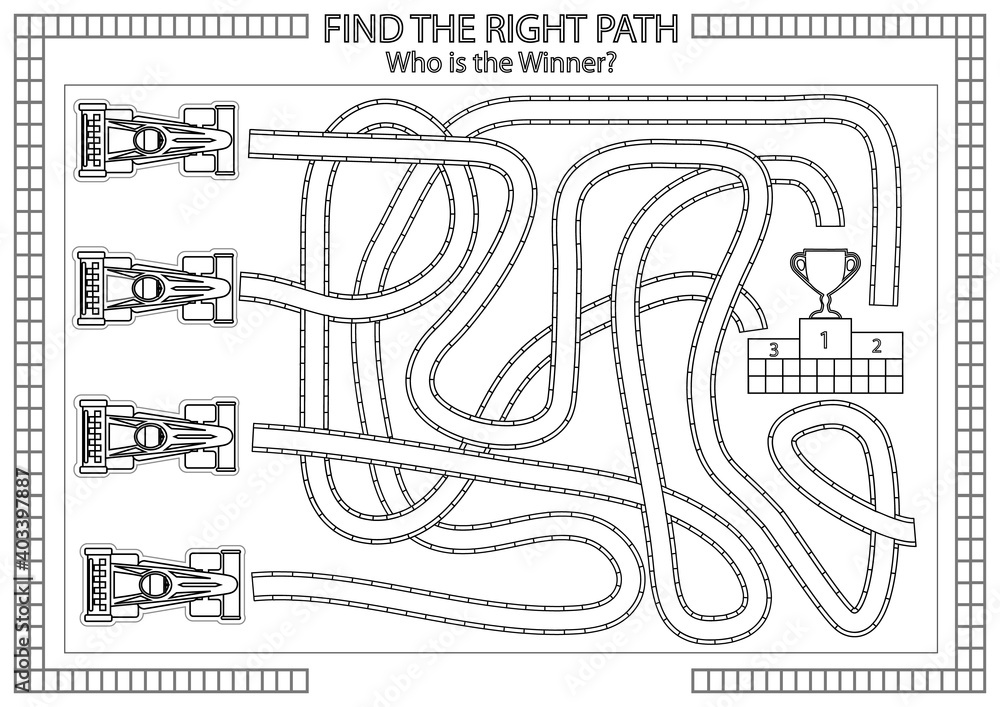 Children maze with racing cars. Kids coloring. Labyrinth game and activity page. Find the right ...